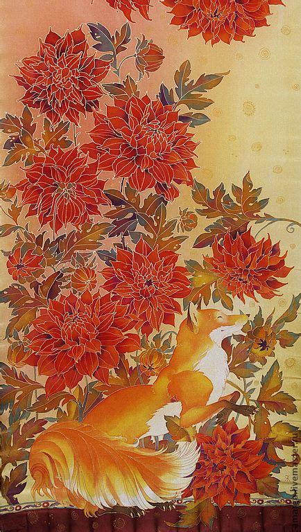 Купить батик палантин Лиса и георгины роспись по шелку Батик холодный батик роспись по ткани