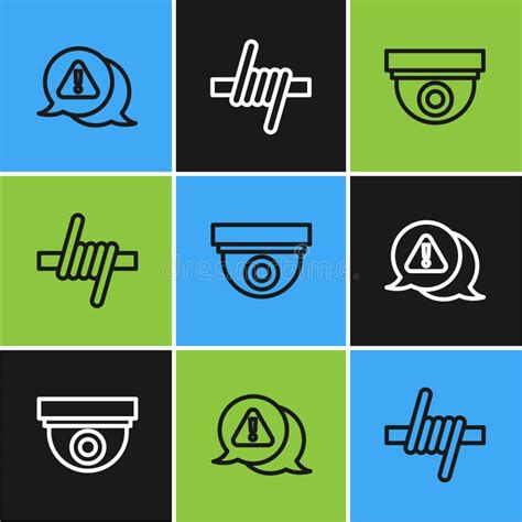 Set Line Exclamation Mark In Triangle Security Camera And Barbed Wire Icon Vector Stock Vector