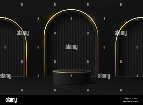 3d Abstract Room And Realistic Black Cylinder Pedestal Podium With Luxury Gold Arch Shape Window