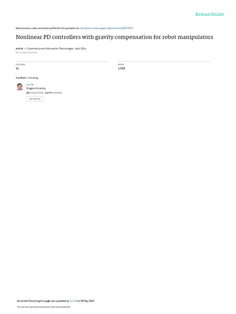 Nonlinear Pd Controllers With Gravity Compensation For Robot Manipulators Pdf Control Theory