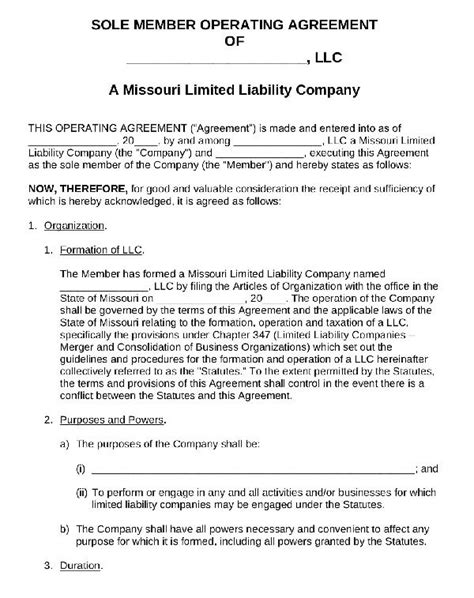 Missouri Llc Operating Agreement Template