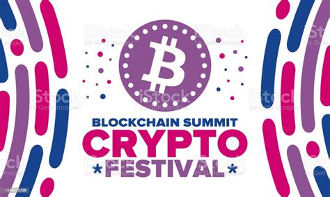 크립토 페스티벌 블록체인 서밋 디지털 화폐와 스마트 온라인 기술 금융 은행 및 비즈니스 일러스트 암호화폐 채굴 비트코인 로고 플랫 디자인 벡터 포스터 가상 이벤트에 대한