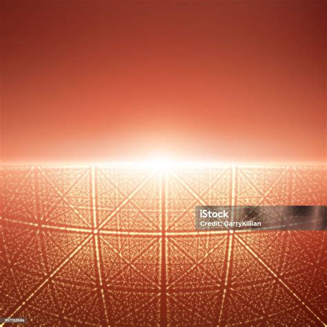 벡터 무한 공간 배경입니다 깊이 관점의 환상으로 빛나는 별 매트릭스입니다 추상 사이버 바다 불 같은 일출 밝은 빨간색 배경에 추상 미래 우주입니다 0명에 대한 스톡 벡터