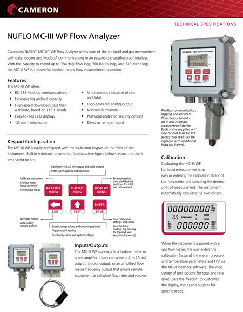 NUFLO MC III WP Flow Analyzer Technical Data Sheet