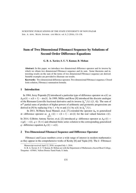 Pdf Sum Of Two Dimensional Fibonacci Sequence By Solutions Of Second