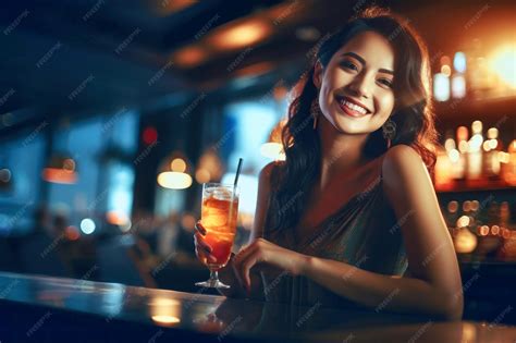 Beautiful Young Woman Sitting At A Bar With A Glass Of Whiskey In A