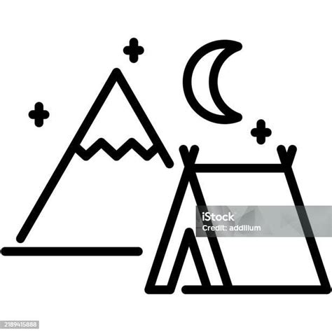 캠핑 텐트 라인 아이콘입니다 밤에는 산에서 캠프 개요 벡터 표지판 벽지 여행 선형 스타일 픽토그램 기호 로고 일러스트 그림 편집