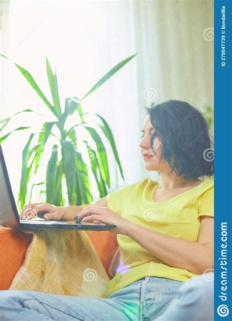 Woman Female Using Typing On Laptop Keyboard Working Writing Emails Stock Image Image Of