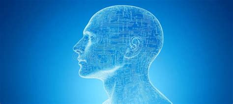 Digital Mind Profile Of Human Head Composed Of Circuit Boards And Binary Code On Blue Stock
