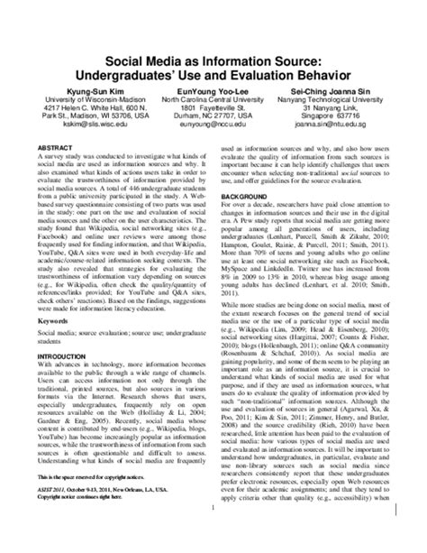 Pdf Social Media As Information Source Undergraduates Use And Evaluation Behavior