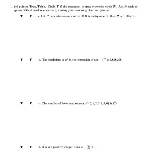 Solved 1 40 Points True False Circle T If The Statement Chegg Com