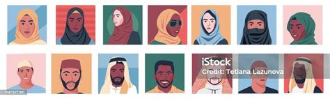 중동 사람들의 아바타 사용자 프로필 만화 아라비아 남성과 여성 캐릭터 다양한 인종 개념에 대한 남자와 여자 초상화 벡터 세트 아라빅 양식에 대한 스톡 벡터 아트 및 기타