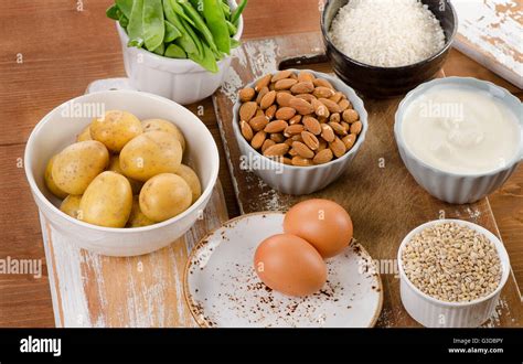 Vitamin H Rich Foods On A Rustic Wooden Board Healthy Eating Stock