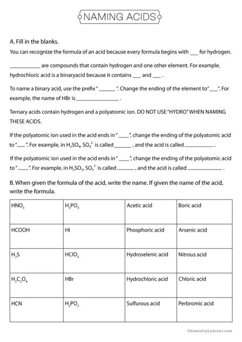 Free Printable Naming Acids Worksheets