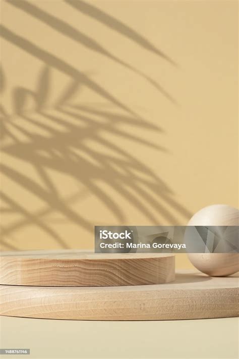 베이지색 배경에 야자수 잎의 그림자가 있는 원통형 나무 장면 당신의 제품을 광고하기 위한 프리미엄 빈 연단 제품 프레젠테이션을 위한 최소한의 배경 진열장 진열장 목재 재료에