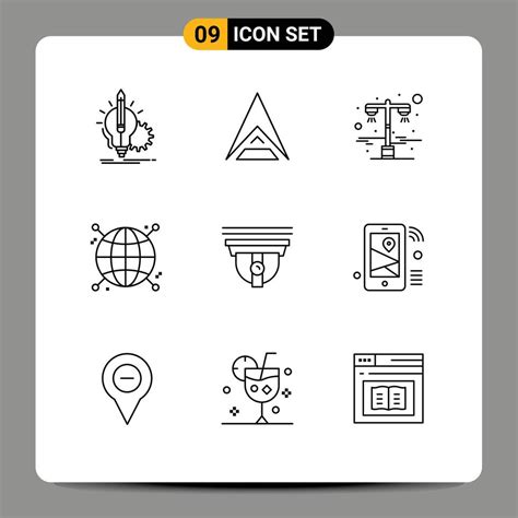 Set Of 9 Commercial Outlines Pack For Camera Globe Crypto Currency Focus Road Light Editable