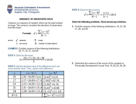Variance Of Ungrouped Data Angeles University Foundation Integrated
