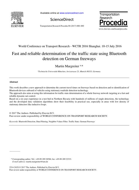Pdf Fast And Reliable Determination Of The Traffic State Using Bluetooth Detection On German