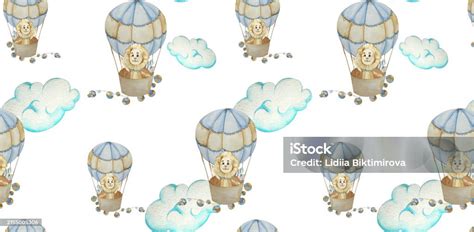어린이 그림 원활한 패턴입니다 귀여운 사자 새끼와 풍선 구름을 배경으로 베이지와 블루 파스텔 톤 벽지 포장지 포스터 전단지 어린이 섬유 0명에 대한 스톡 벡터 아트 및 기타