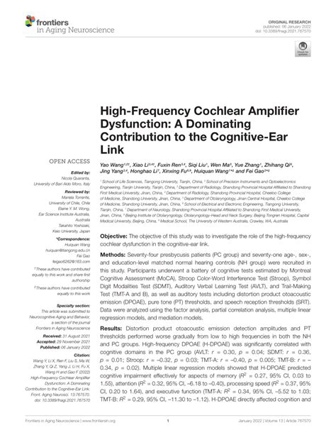 Pdf High Frequency Cochlear Amplifier Dysfunction A Dominating