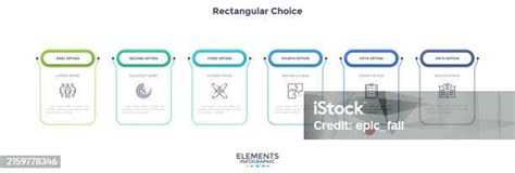 6개의 직사각형 프레임 또는 제목이 가로 줄에 배열된 카드 선택할 수 있는 6가지 옵션이 있는 비즈니스 모델의 개념 최소한의 인포그래픽 디자인 템플릿입니다 현대 평면 벡터
