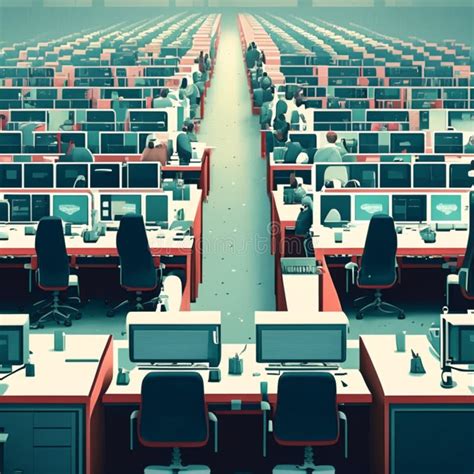 3d Render Of A Computer Room With Rows Of Desks And Computers Generative Ai Stock Illustration