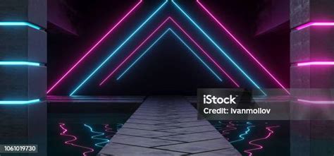 물 내부와 삼각형 모양의 보라색과 파란색 네온 조명 배경 3d 렌더링 빛나는 6 각형 층 현대 미래의 어두운 빈 외계인의 우주선 구체적인 방 0명에 대한 스톡 사진 및 기타