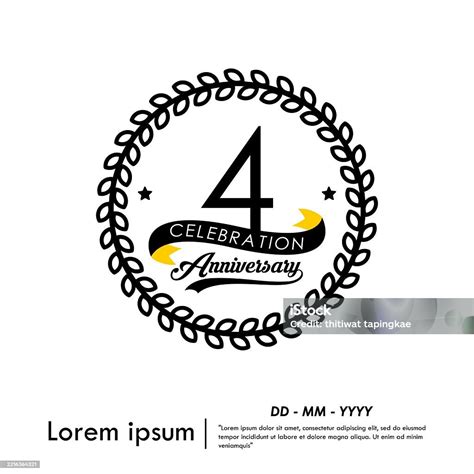 창립 4주년 기념 엠블럼 축하 기념일 로고 메달은 흰색 배경에 월계관과 리본으로 격리되어 있습니다 웹 전단지 포스터 인사말 카드에 대한 벡터 일러스트 레이 션 템플릿 디자인