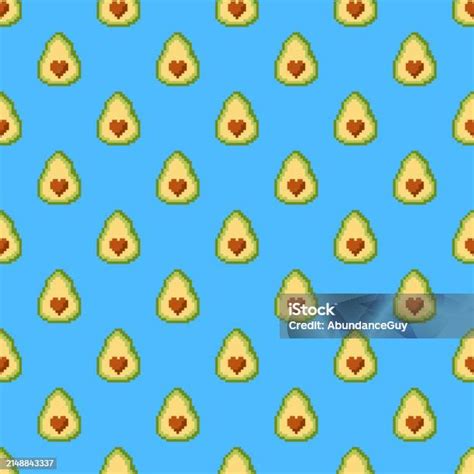 픽셀 아보카도 와 씨앗 심장 완벽 한 패턴 파란색 배경 벡터 일러스트 레이 션 건강한 생활방식에 대한 스톡 벡터 아트 및 기타 이미지 건강한 생활방식 건강한 식생활