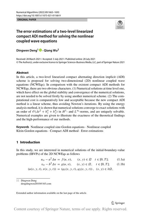 The Error Estimations Of A Two Level Linearized Compact Adi Method For Solving The Nonlinear