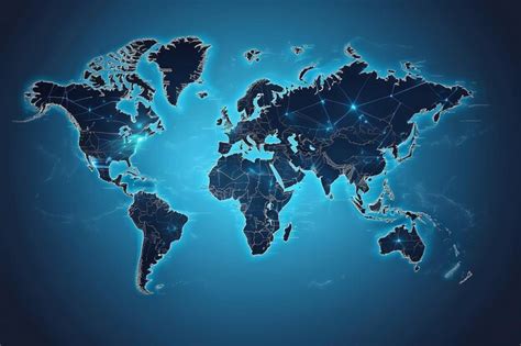 디지털 세계 지도 홀로그램 파란색 배경 프리미엄 사진