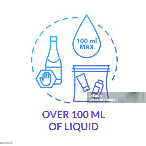 100ml 가 넘는 액체 컨셉 아이콘 비행기 승객 기내 수하물 제한 아이디어 얇은 라인 일러스트 공항 수하물 제어 벡터 격리