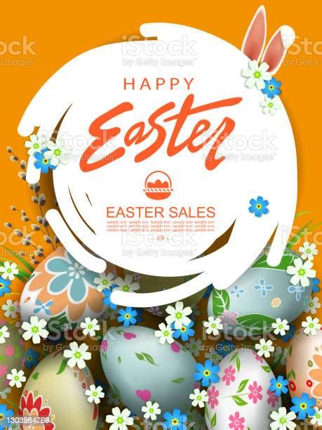 추상적인 둥근 흰색 프레임 부활절 달걀과 꽃 오렌지 인사말 카드 1위에 대한 스톡 벡터 아트 및 기타 이미지 1위 가리기