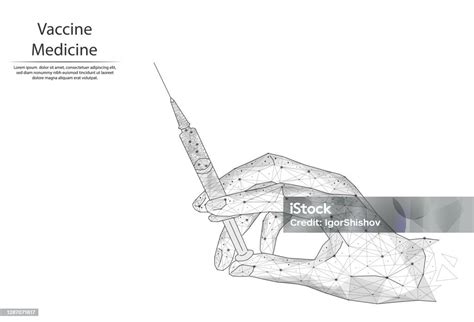 삼각형과 기하학적 모양으로 구성된 선과 점 의 형태로 추상 이미지 백신 3d 로우 폴리 벡터 배경 손에 주사기 로우 폴리곤 모델링에 대한 스톡 벡터 아트 및 기타 이미지