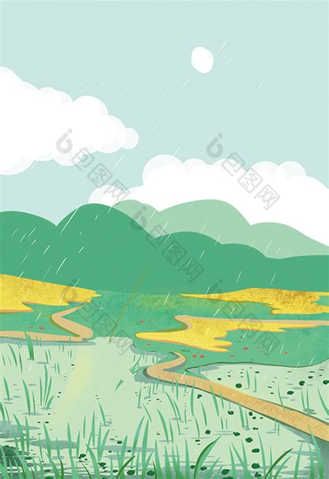 下雨的稻田插画图片 包图网