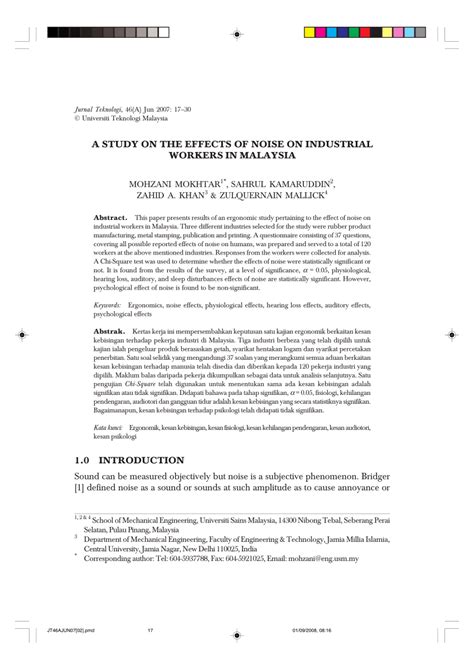 PDF A Study On The Effects Of Noise On Industrial Workers In Malaysia