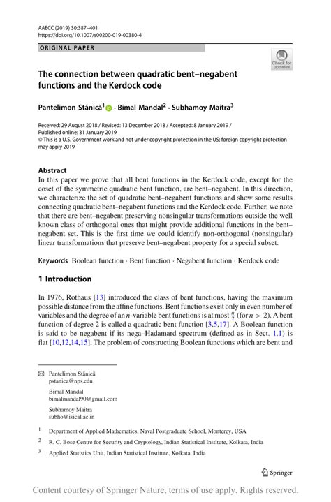 The Connection Between Quadratic Bentnegabent Functions And The Kerdock Code Request Pdf