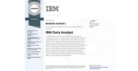 Bharani Kumar S En Linkedin Completion Certificate For Ibm Data Analyst