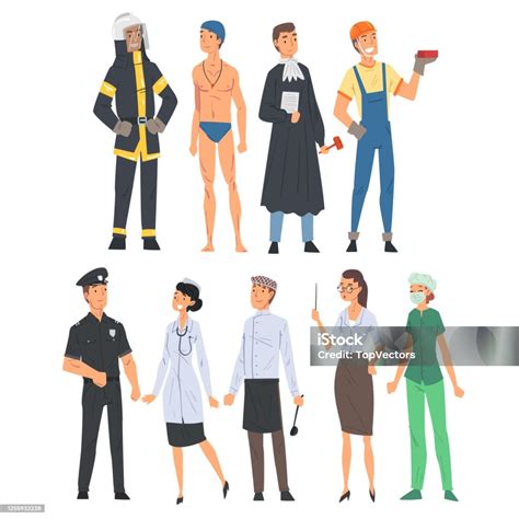 다양한 직업 세트 판사 소방관 수영 선수 빌더 경찰관 요리사 의사 교사 의료 간호사 벡터 일러스트레이션 건강관리와 의술에 대한 스톡 벡터 아트 및 기타 이미지 Istock