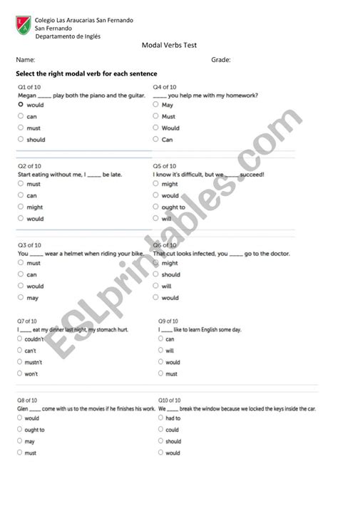English Worksheets Modal Verbs Test