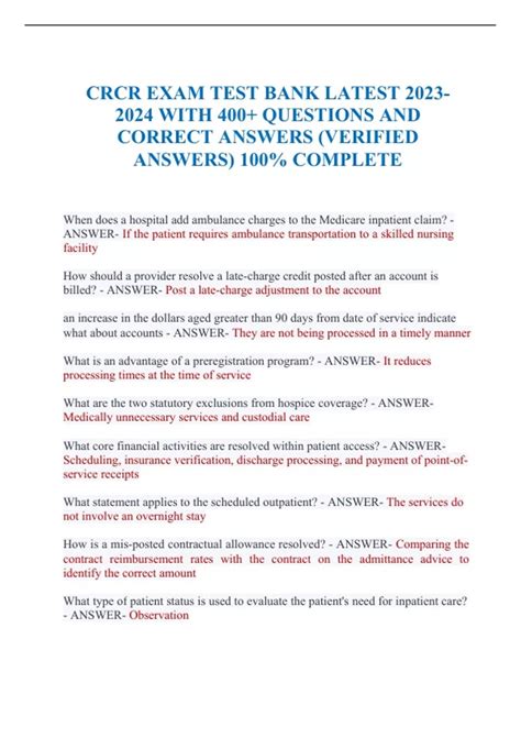 CRCR EXAM TEST BANK LATEST WITH 400 QUESTIONS AND CORRECT ANSWERS VERIFIED ANSWERS 100
