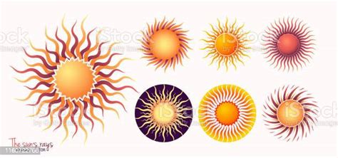 벡터 세트의 태양입니다 흰색 배경에 격리 된 노란색 태양 아이콘 설정 현대 평면 일러스트 햇빛 태양 광선 기호 간단한 기하학적 모양 웹 사이트 디자인에 대한 유행 벡터 여름
