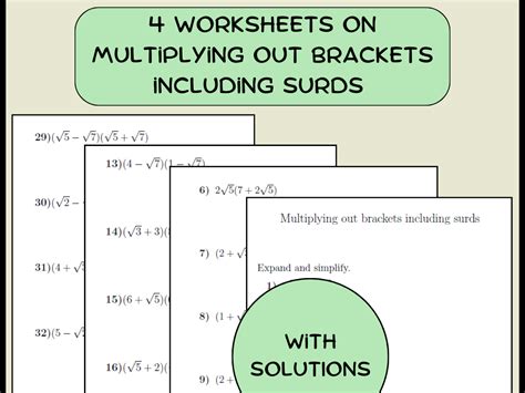 4 Worksheets On Multiplying Out Brackets Including Surds With Solutions Teaching Resources