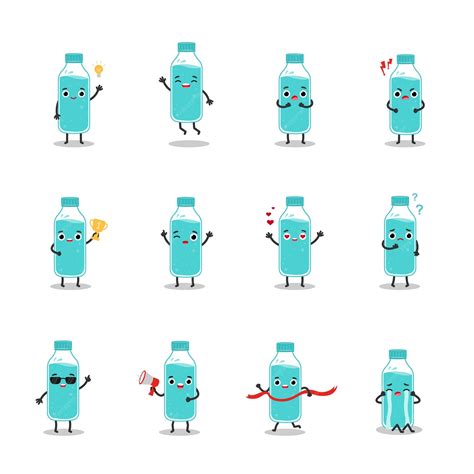 Бутылка воды задает эмоции персонажей Плоская векторная иллюстрация Премиум векторы