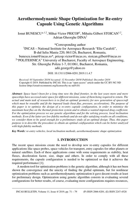 Pdf Aerothermodynamic Shape Optimization For Re Entry Capsule Using Genetic Algorithms