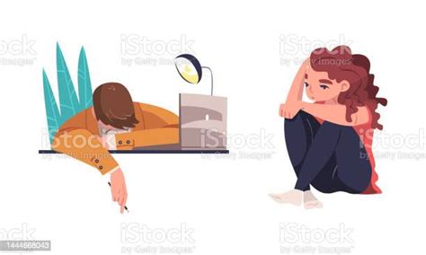 피곤하고 지친 사람들의 집합 노트북 컴퓨터 앞에서 책상에서 자고 있는 사무실 직원 바닥에 앉아 있는 불행한 소녀 만화 벡터 일러스트레이션 걱정하는에 대한 스톡 벡터 아트 및