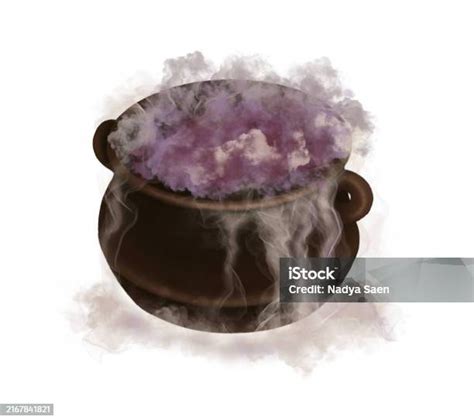 만화 스타일의 부글부글 끓는 보라색 물약이 있는 가마솥 손으로 그린 할로윈 어두운 마녀 김 냄비 마법 그림 가을 그래픽과 으스스한 계절 디자인을 위한 고립된 그림 10월에