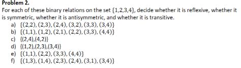 Solved Problem For Each Of These Binary Relations On The Chegg Com