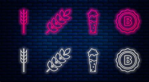 쌀 밀 옥수수 귀리 호밀 보리 맥주 잔 비문 맥주가있는 병 뚜껑으로 세트 라인 시리얼 세트 벽돌 벽에 빛나는 네온 아이콘입니다