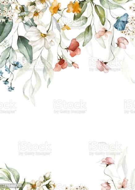 수채화 꽃 프레임 테두리 꽃다발 홍당무 핑크 레드 옐로우 오렌지 화이트 블루 옐로우 블라이블 피어 꽃 녹색 잎이있는 그림 꽃 식물에 대한 스톡 벡터 아트 및 기타 이미지